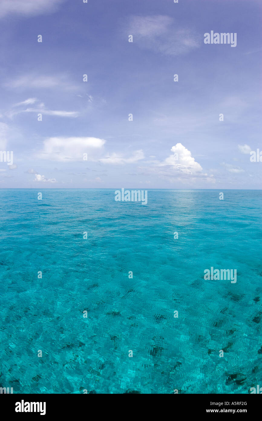 LIMITLESS HORIZON AS SEEN ACROSS A CALM OCEAN SURFACE CLOUDS REFLECTED ...