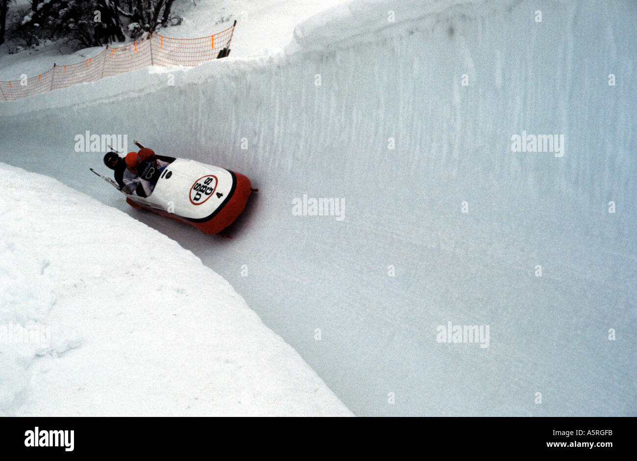 A four man bobsleigh negotiates Sunny Corner on the Olympic bob run at ...