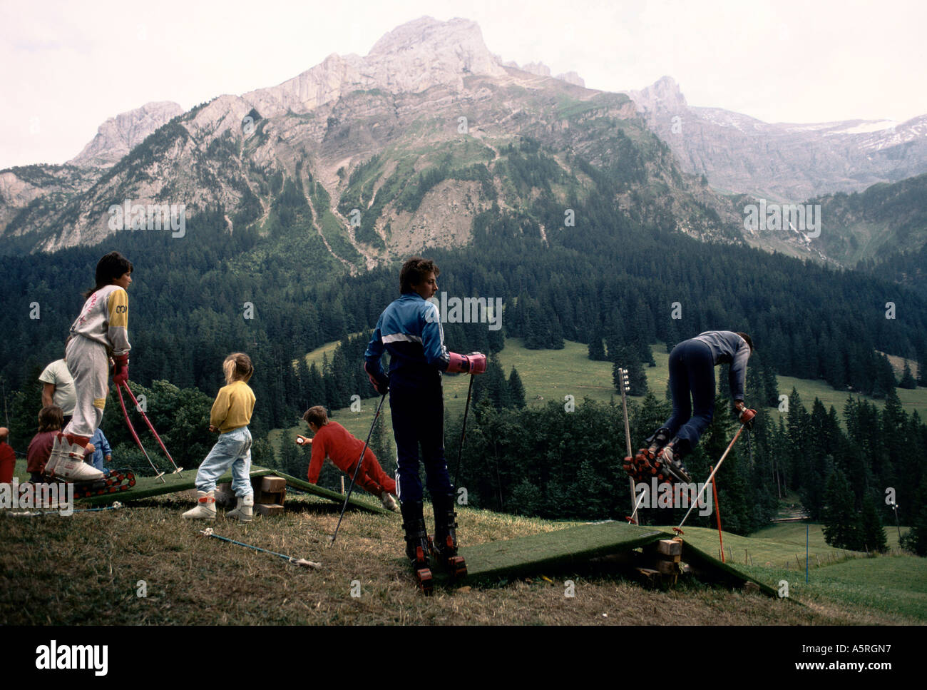 POLLUTION IN THE ALPS. CHILDREN PRACTISING GRASS SKIING NEAR GSTAAD ...
