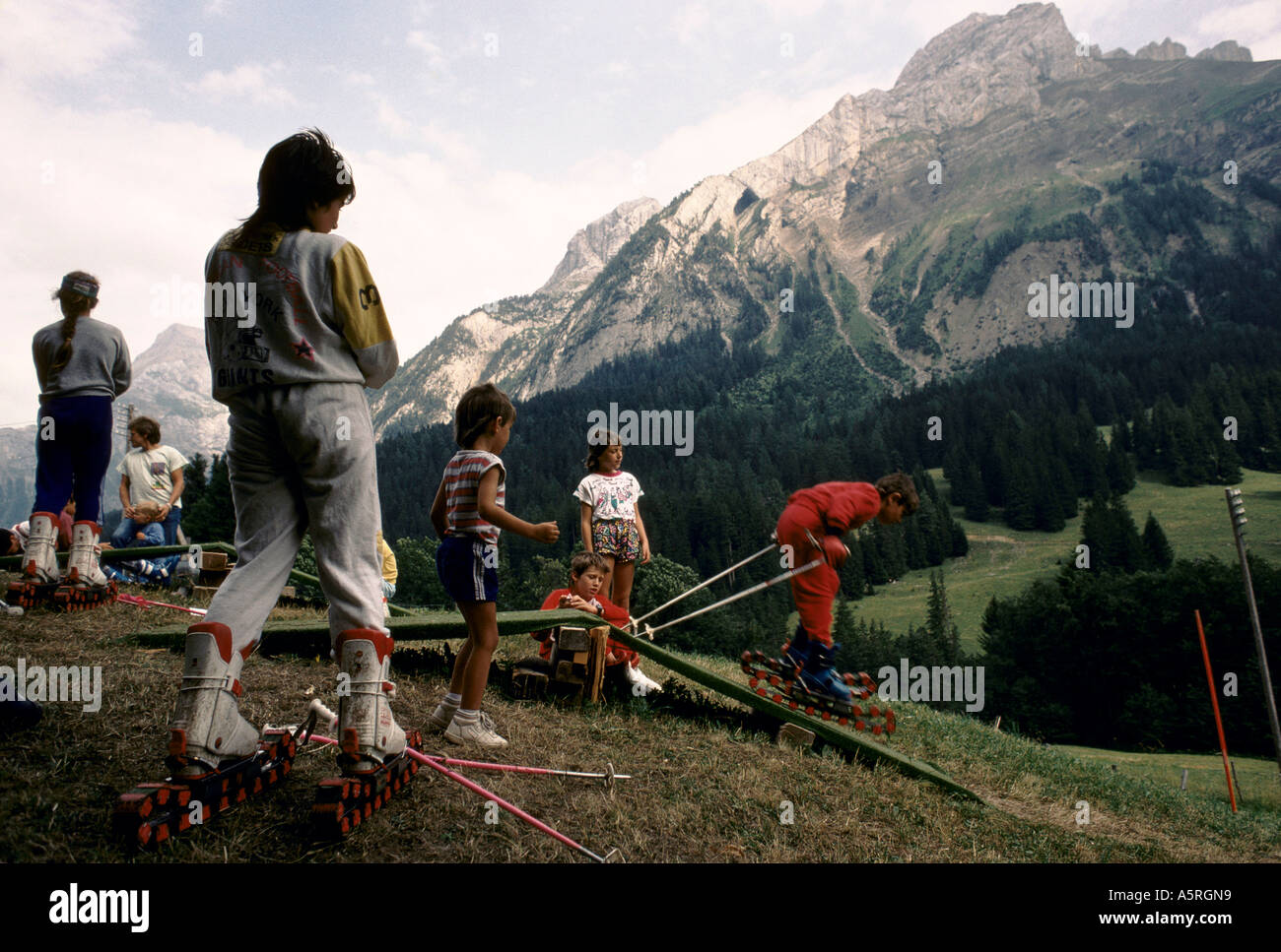 POLLUTION IN THE ALPS. CHILDREN PRACTISING GRASS SKIING NEAR GSTAAD ...