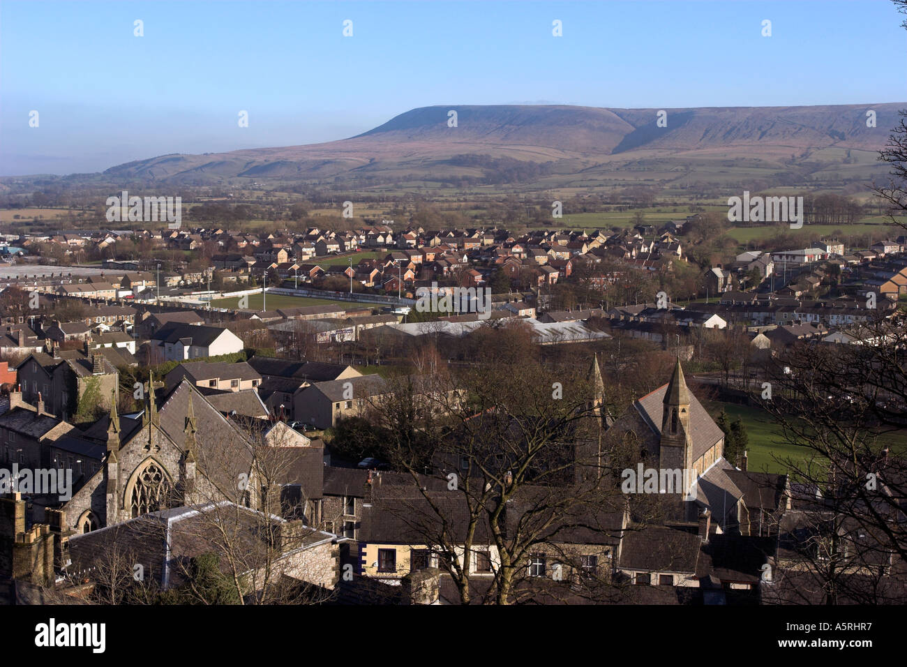 Aerial view of Clitheroe from the castle looking towards Pendle Hill ...