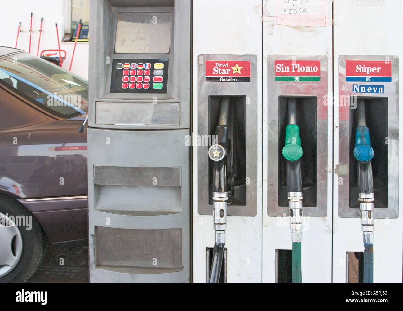 Petrol and diesel pumps with Spanish language description Stock Photo ...