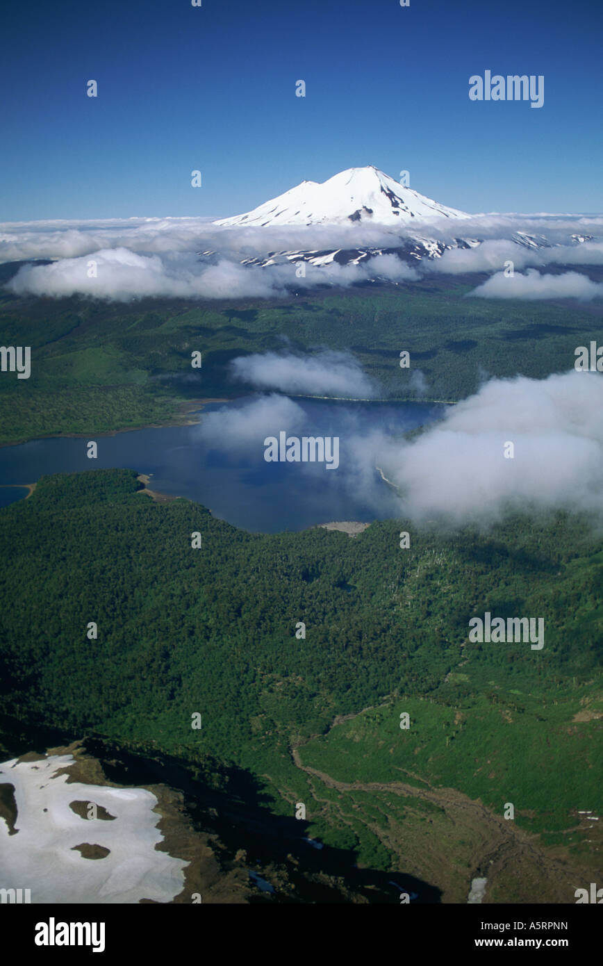 Aerial of volcanos and lakes in the Lake District of Southern Chile ...