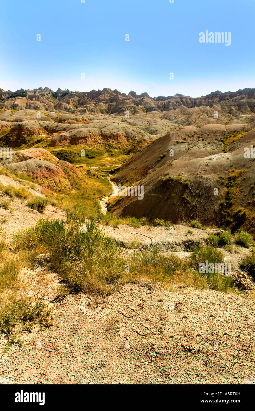 View of the geologic formations in the Badlands National Park along the ...