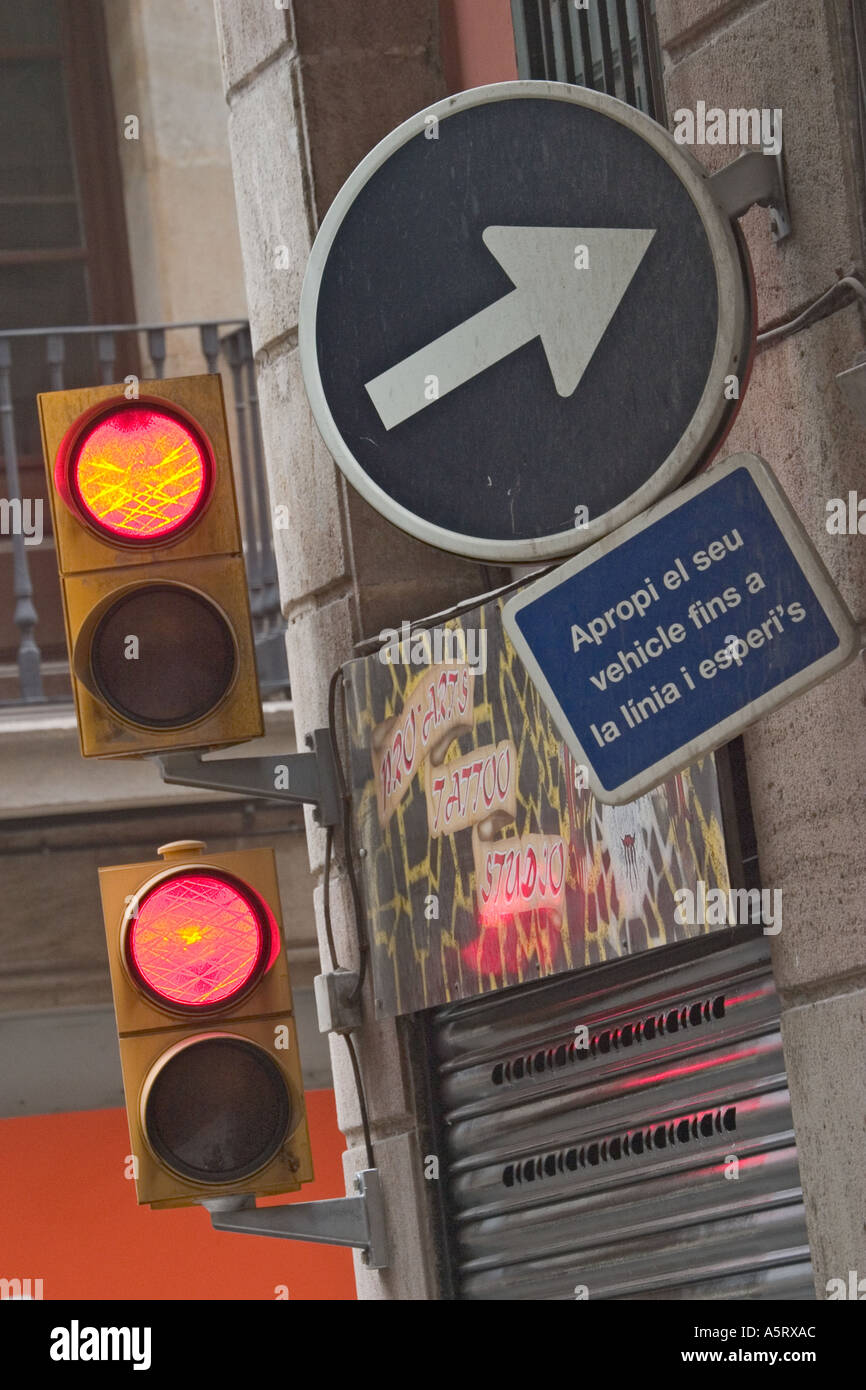 Barcelona Spain Traffic lights and traffic sign Stock Photo - Alamy