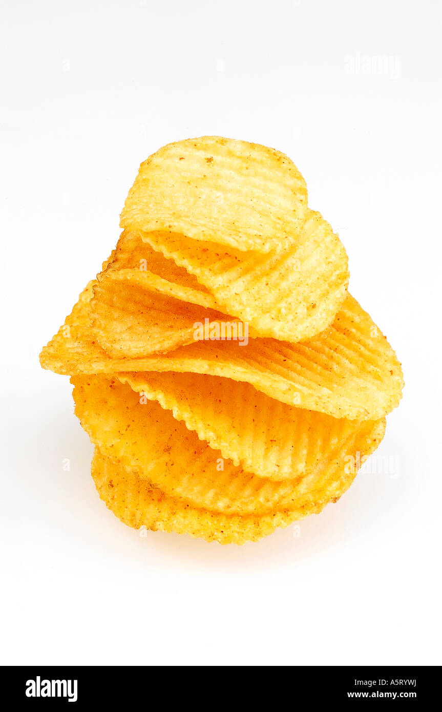 Stack of crisps on white background Stock Photo - Alamy