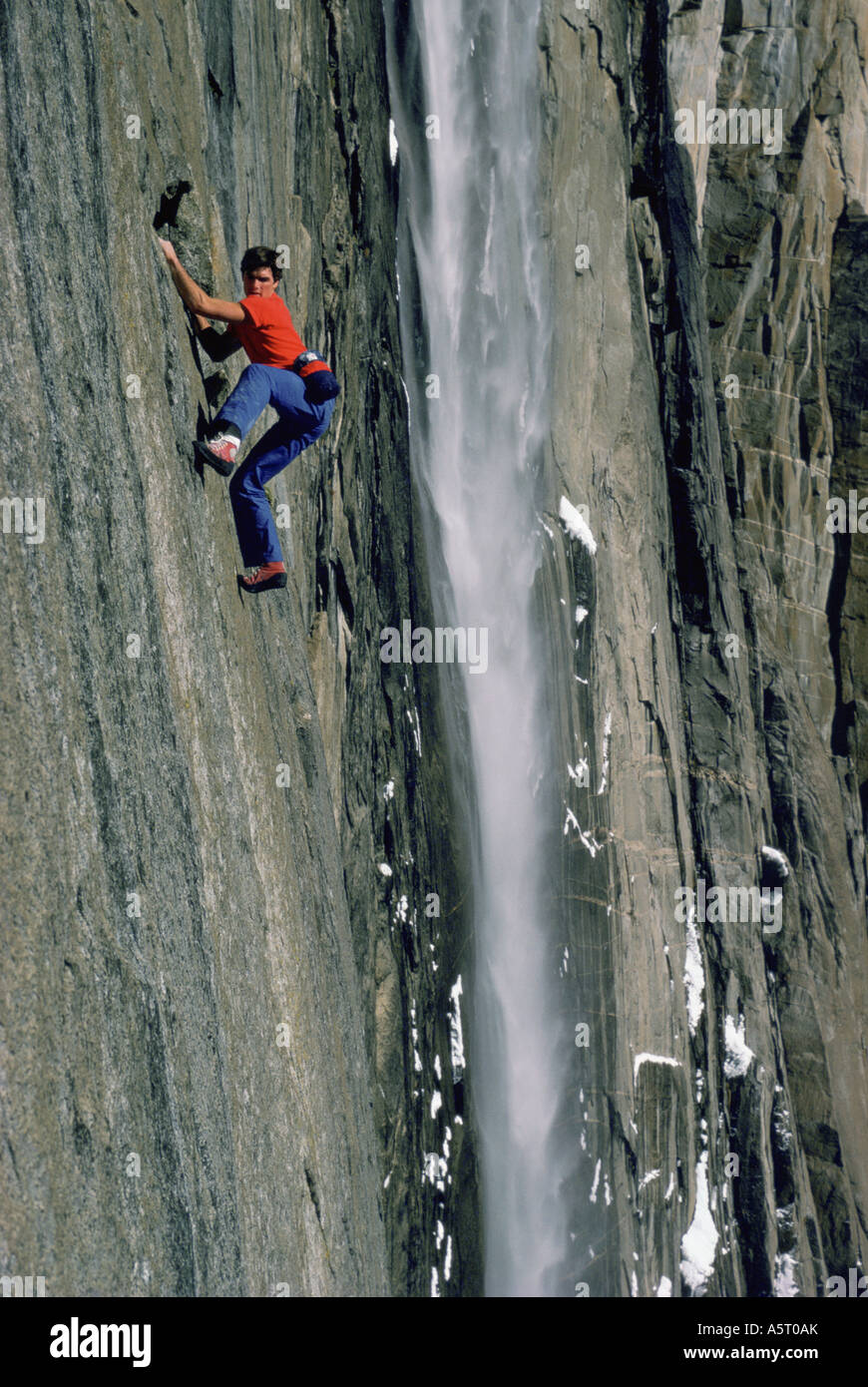 Ron Kauk free soloing next to Yosemite Falls Yosemite National Park CA ...