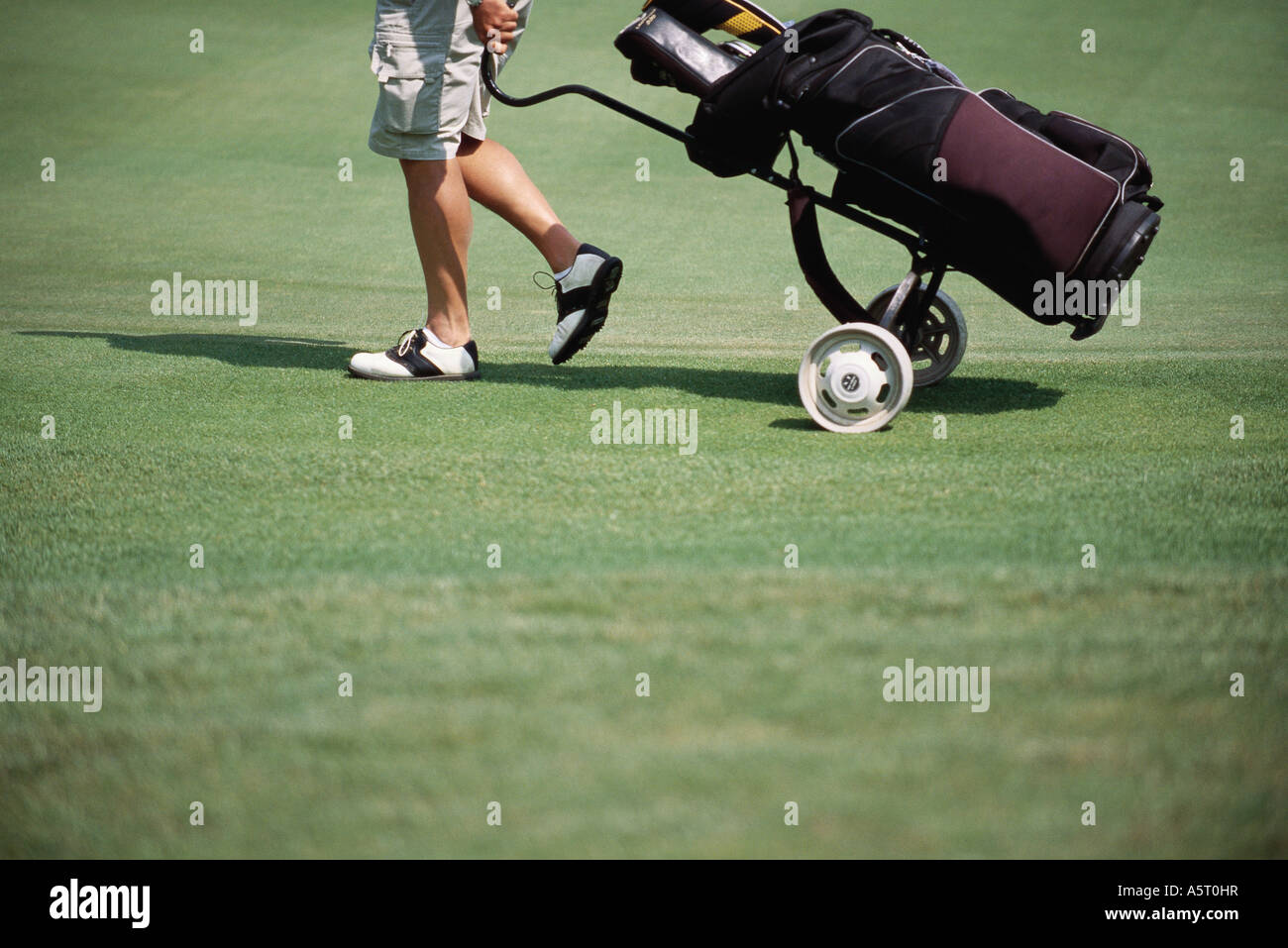 Golfer pulling caddy Stock Photo - Alamy