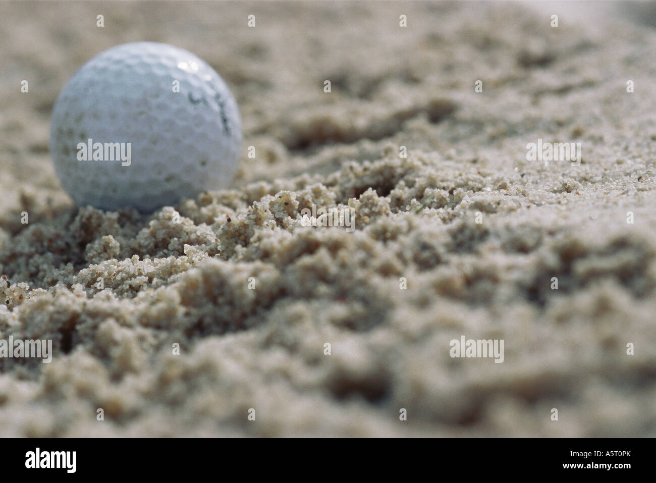 Golf ball in sand, close-up Stock Photo - Alamy