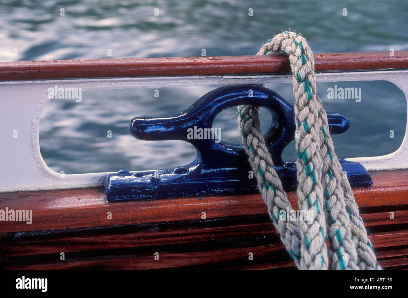 Rope and cleet on the Ullswater ferry Lake District Cumbria England UK ...