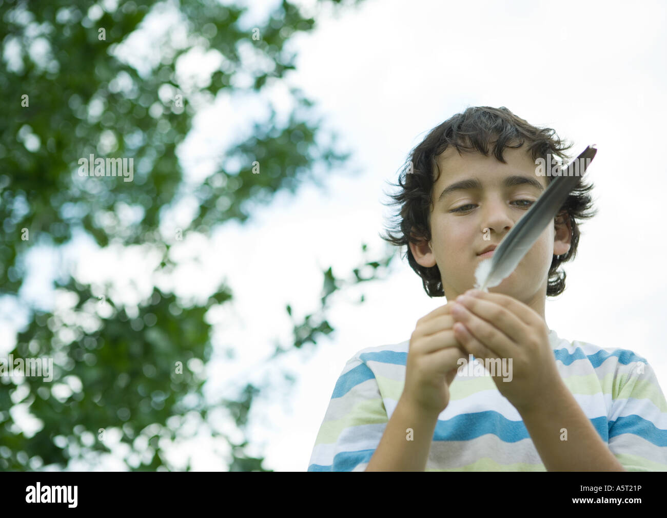 Boy holding feather, low angle view Stock Photo - Alamy