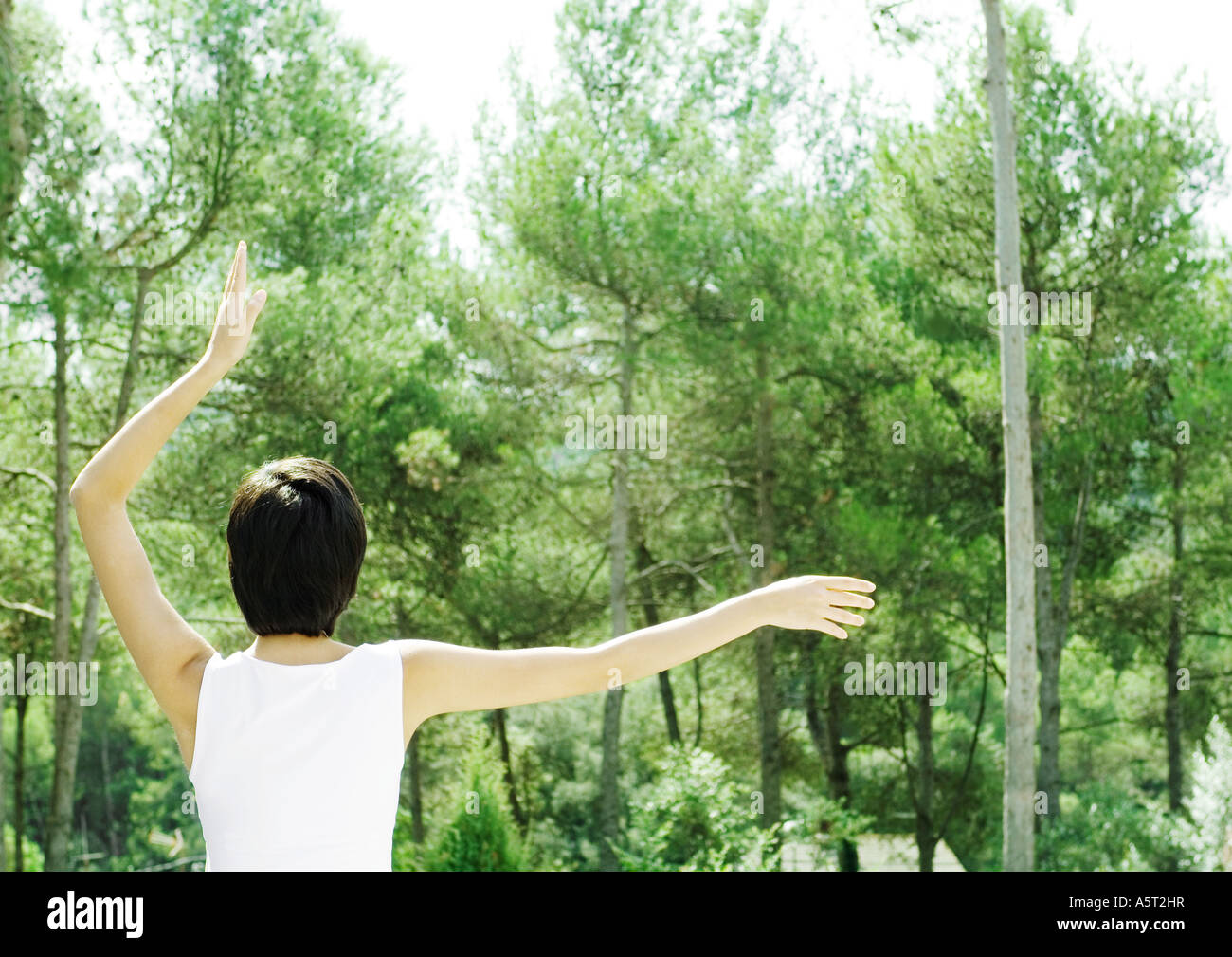 Woman standing, facing trees, one arm up, the other arm out Stock Photo ...