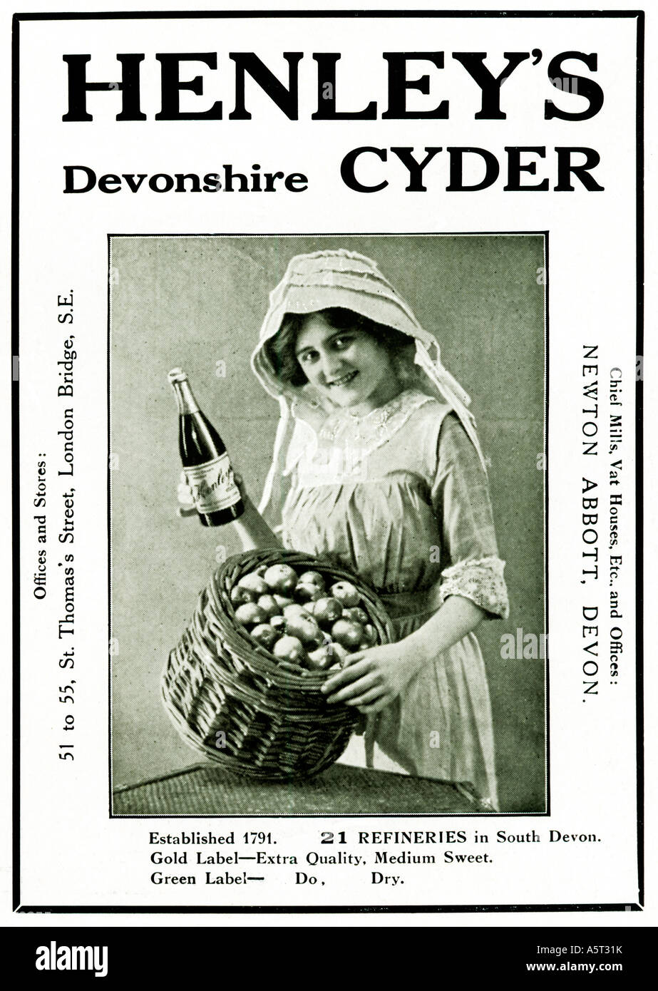 Henleys Devonshire Cyder 1914 advert for the Devon bottled cider with ...