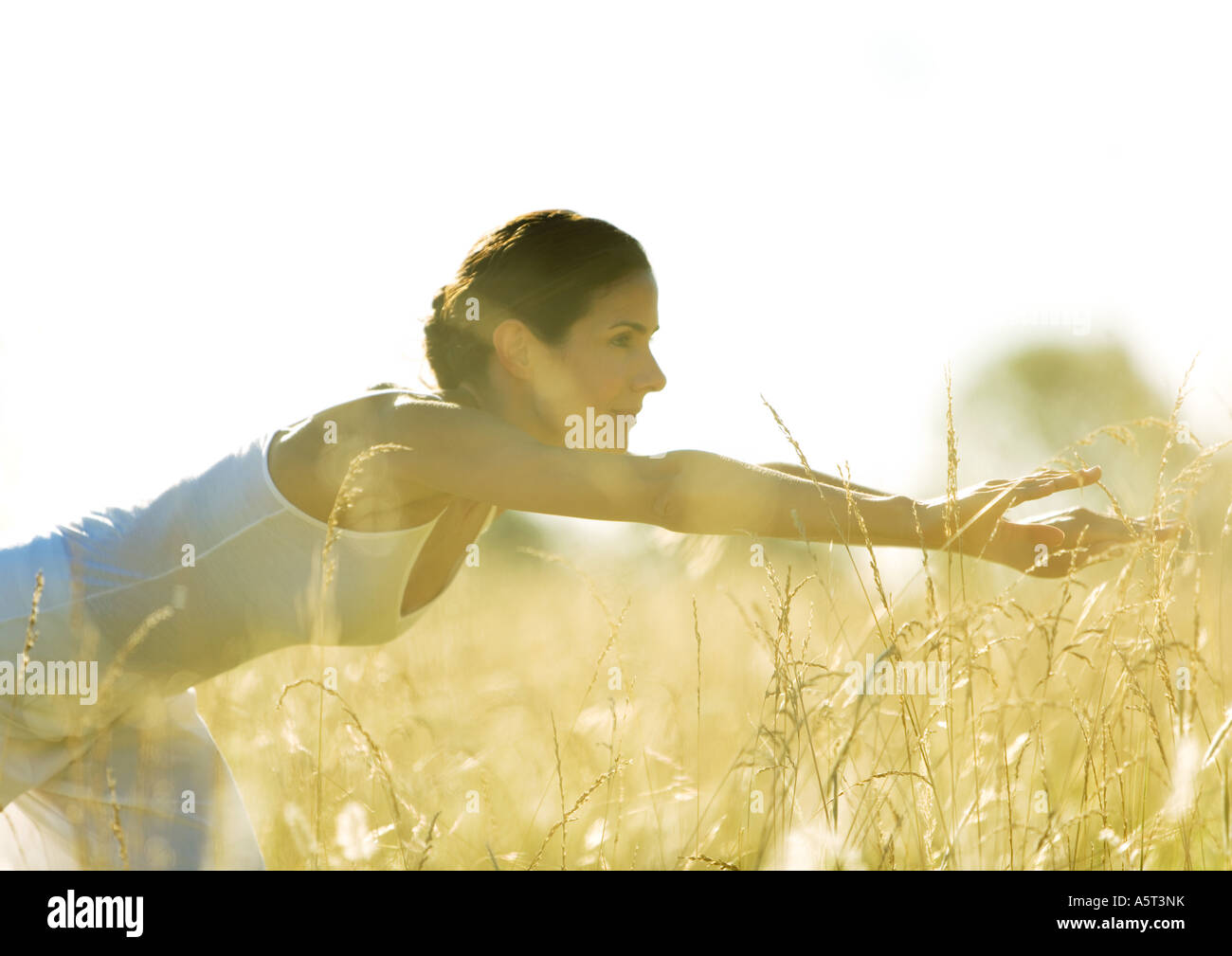 Woman stretching in field Stock Photo - Alamy