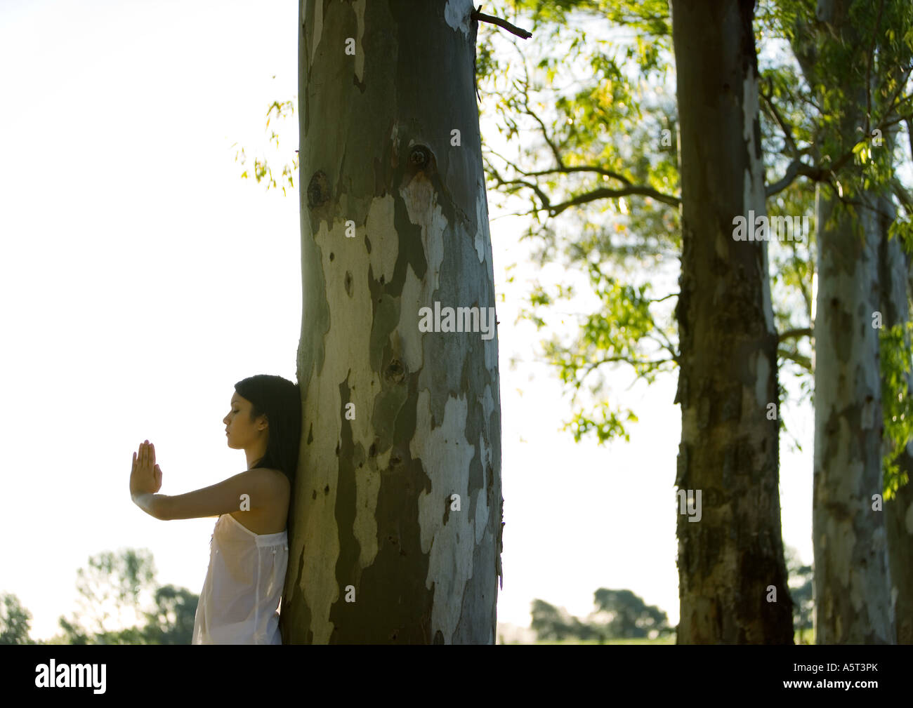 Woman standing with hands in prayer position, leaning against tree ...