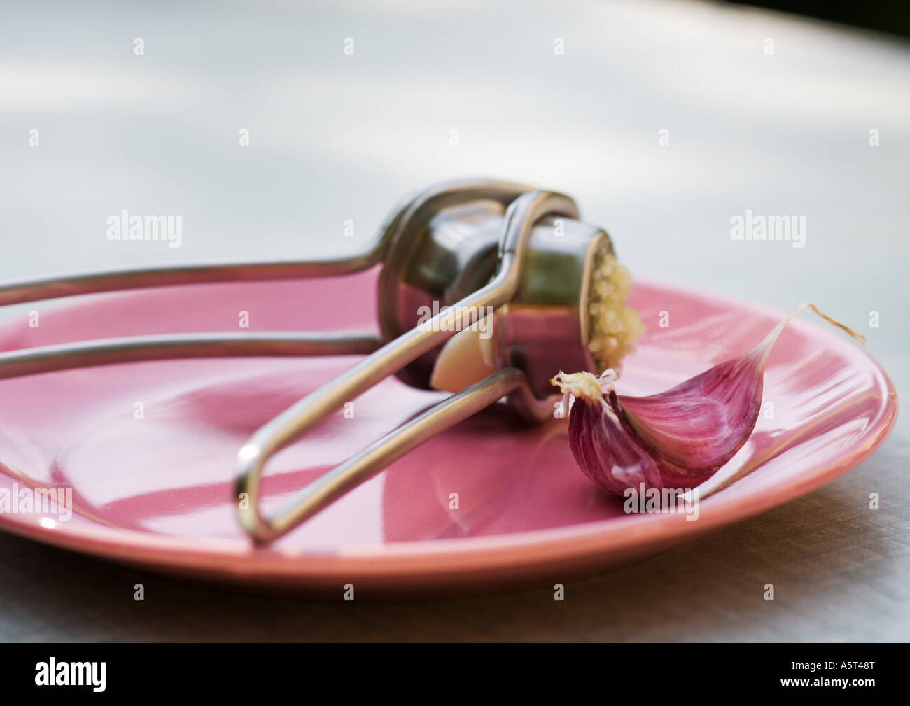 Garlic press and clove of garlic on plate Stock Photo - Alamy