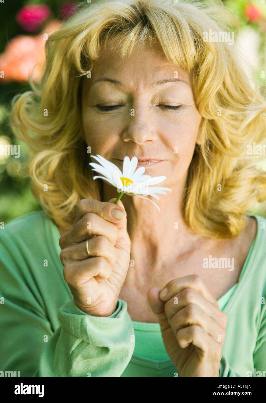 Senior woman smelling daisy Stock Photo - Alamy