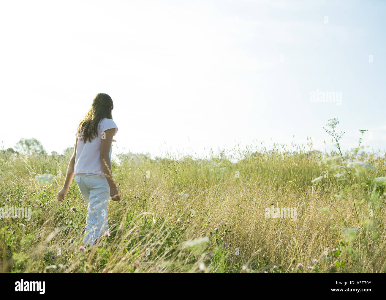 Girl walking through tall grass in field Stock Photo - Alamy