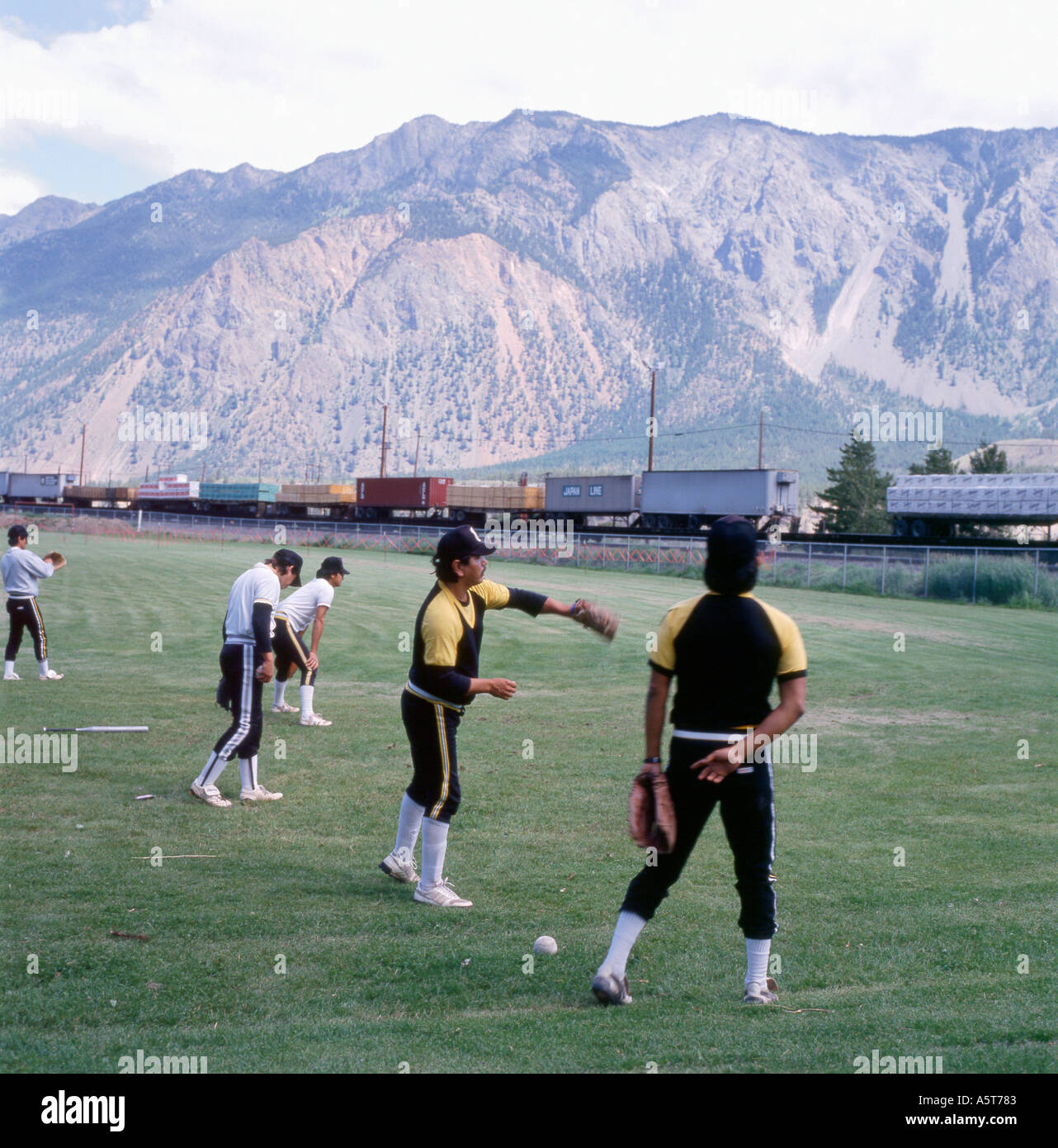 First Nation Canadian Indian baseball players practising before a game ...
