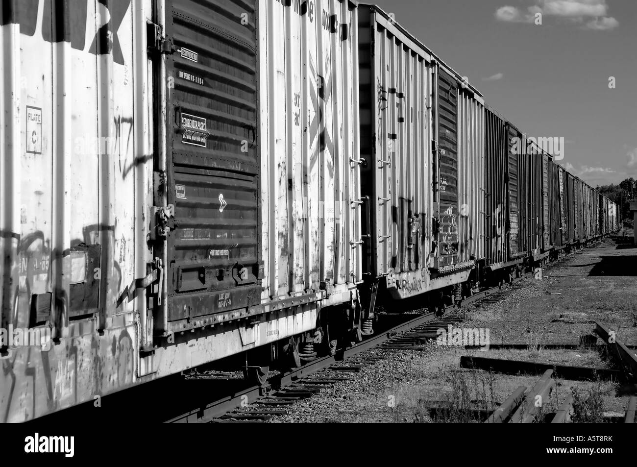 Black and white capture of a freight train standing idle on a siding ...