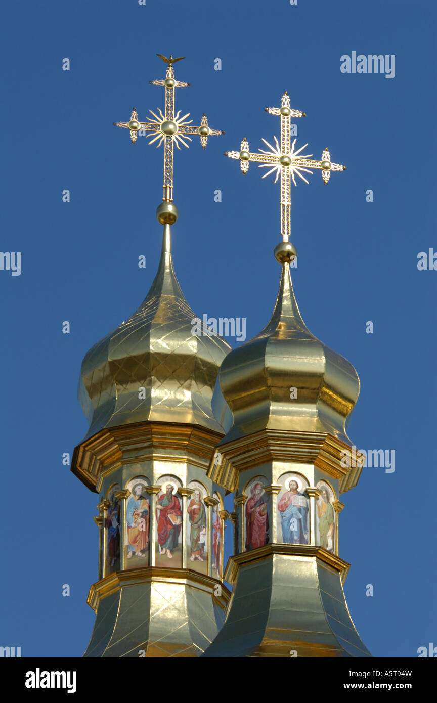 Orthodox crosses at the domes of the Dormition cathedral in Kiev ...