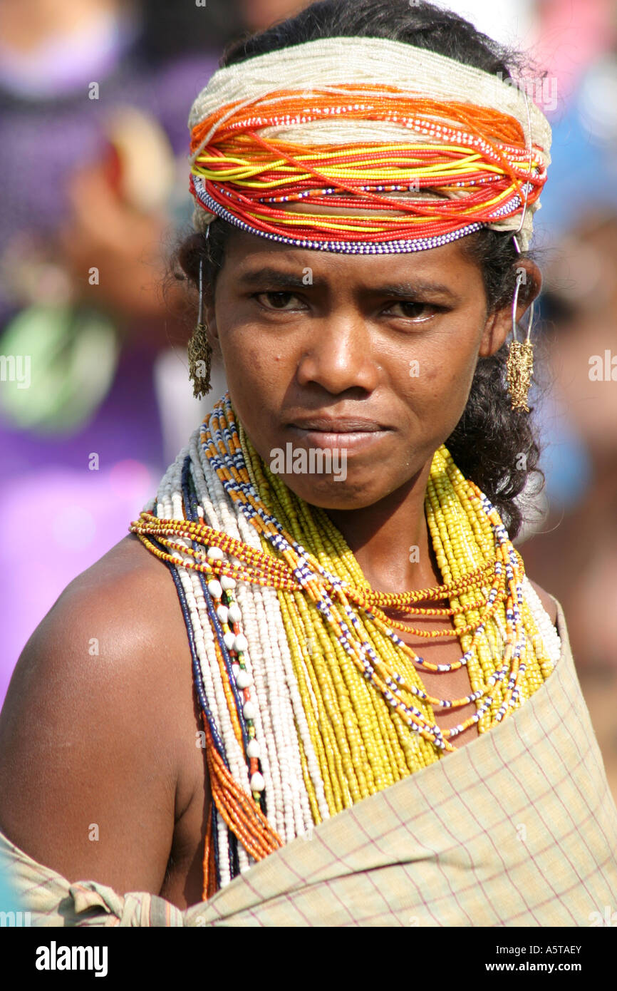 Bonda tribal women wearing the traditional beads,necklaces and earings ...