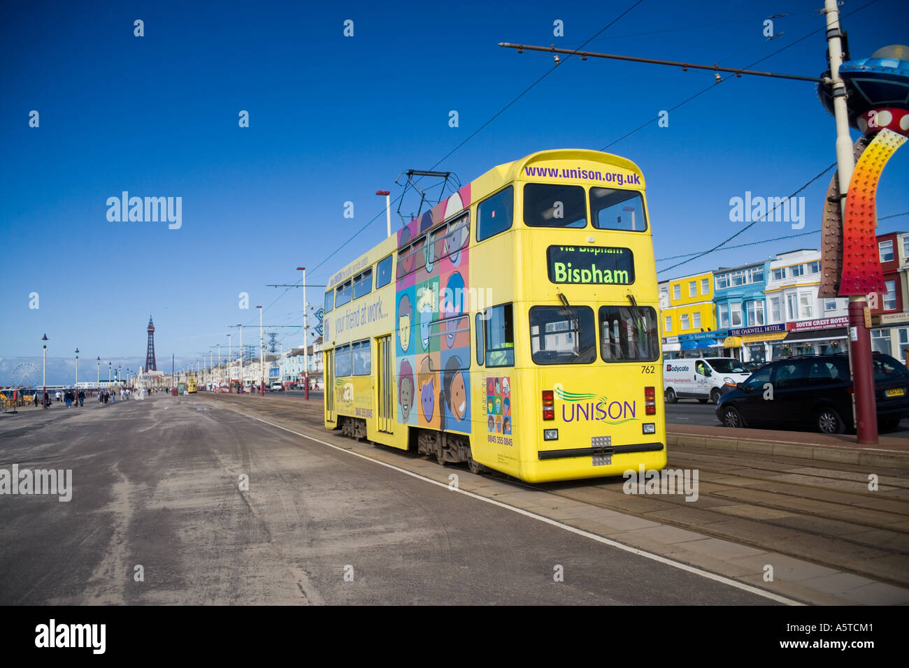 Tram on the promenade at Blackpool,Lancashire,England in the logo of ...