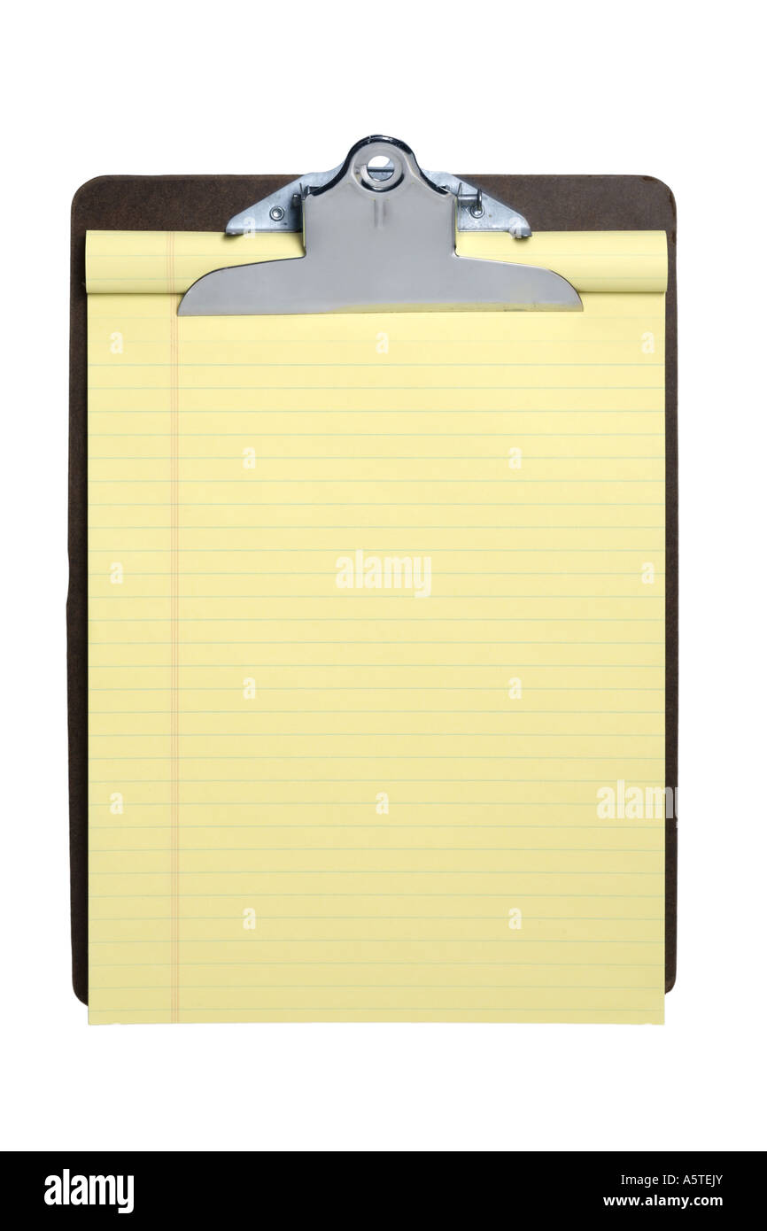 Clipboard with Yellow paper cut out on white background Stock Photo - Alamy