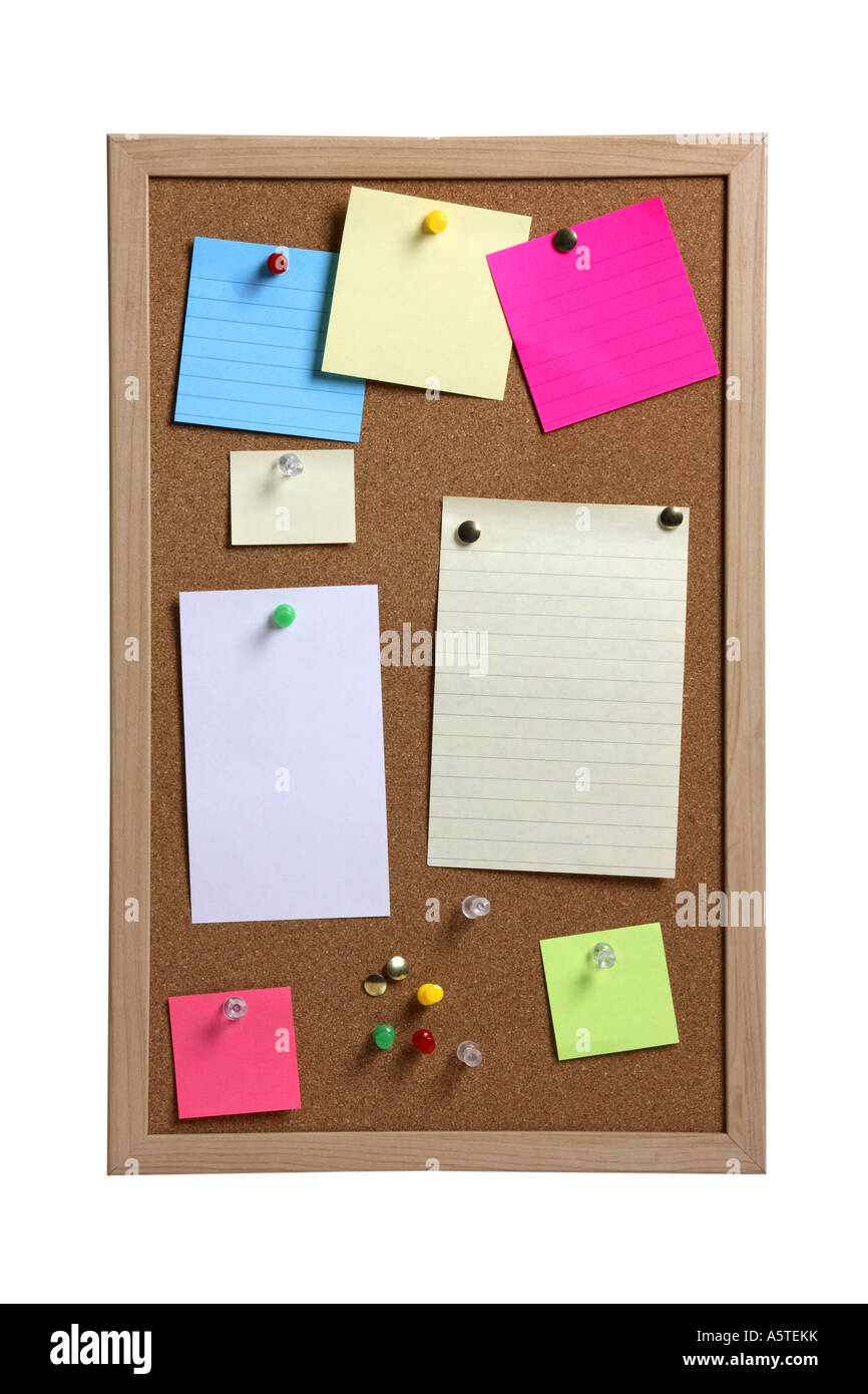 Corkboard with Notes and Tacks cut out on white background Stock Photo ...