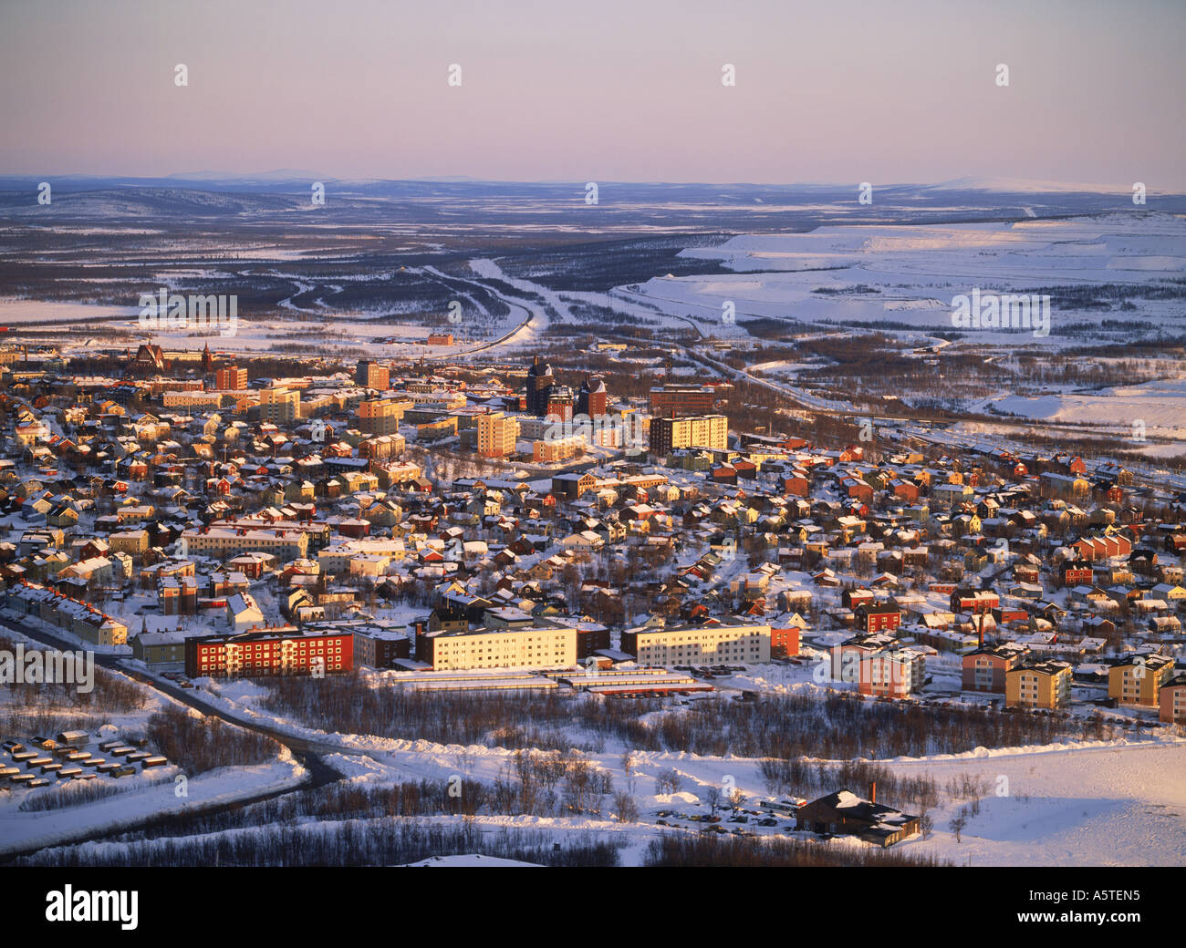 Aerial view of Kiruna in Swedish Lapland above Arctic Circle and ...