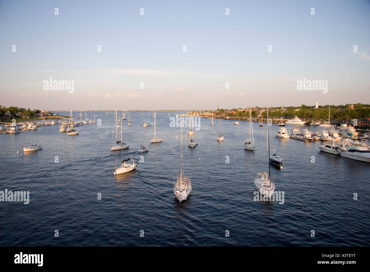 An aerial view looking over the Merrimack River harbor of Newburyport ...