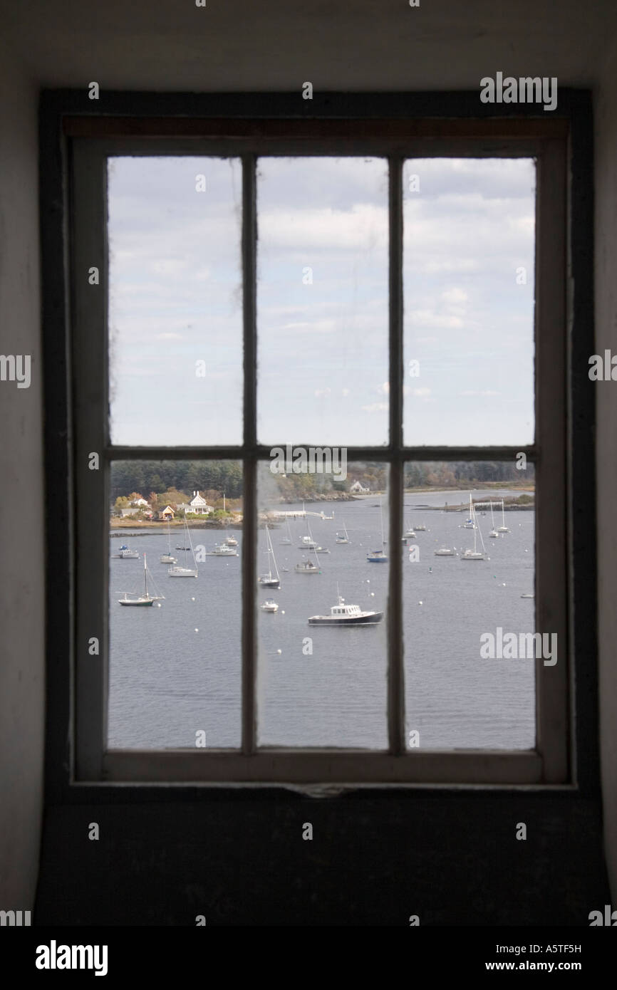 View through a Window pane glass view boats harbor ocean scene Maine ...