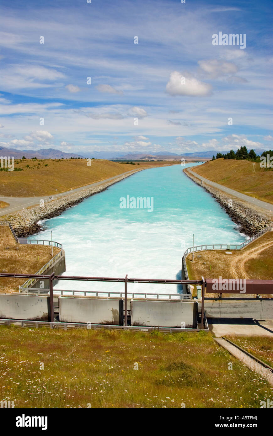 Hydro power canal exiting Lake Tekapo New Zealand Stock Photo - Alamy