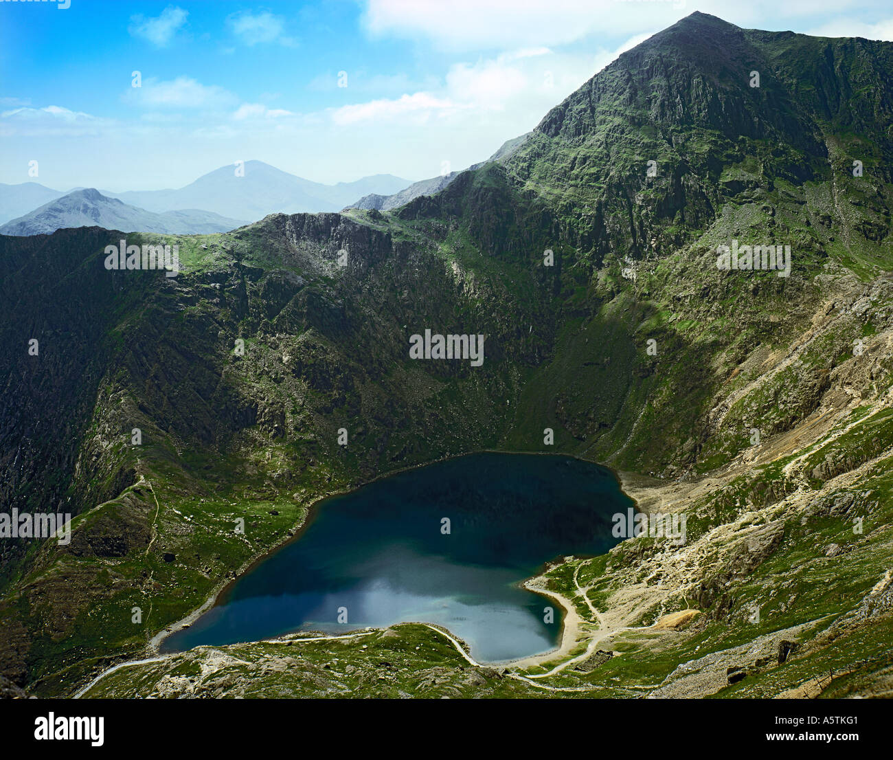 Snowdon summit from Crib Goch path, with Pyg track walkers + Llyn ...