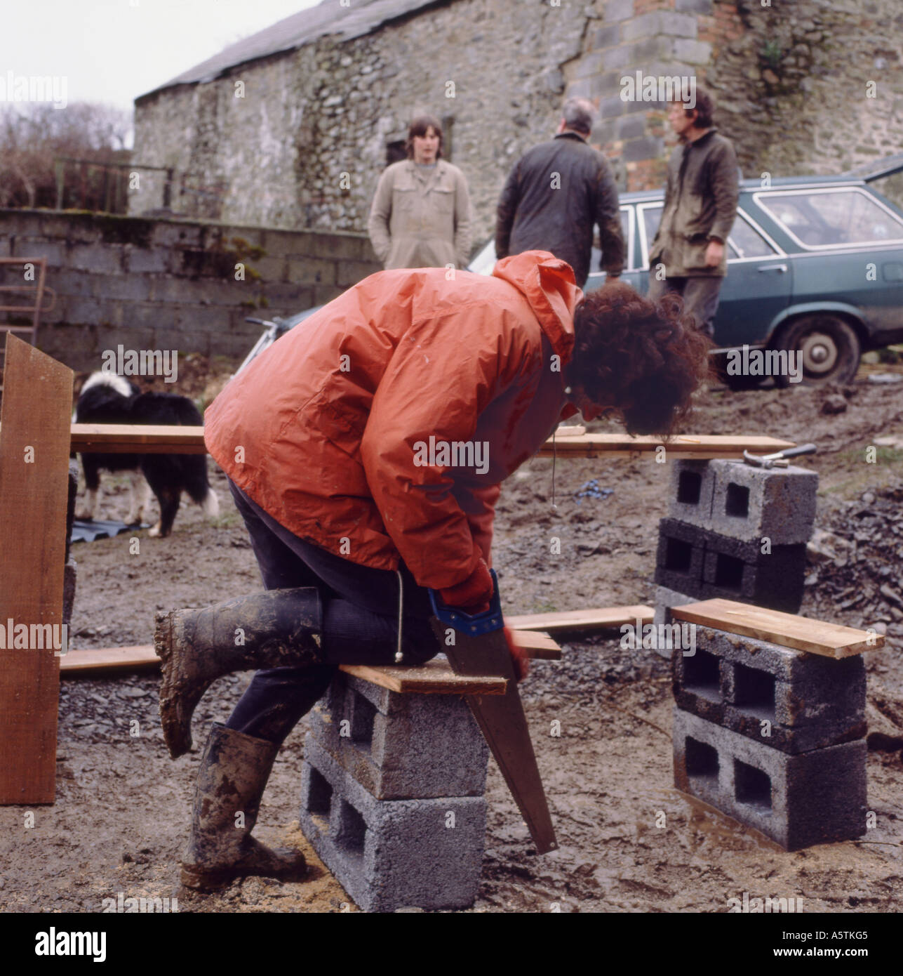 A female carpenter on a farm construction site in rural Wales UK Stock ...
