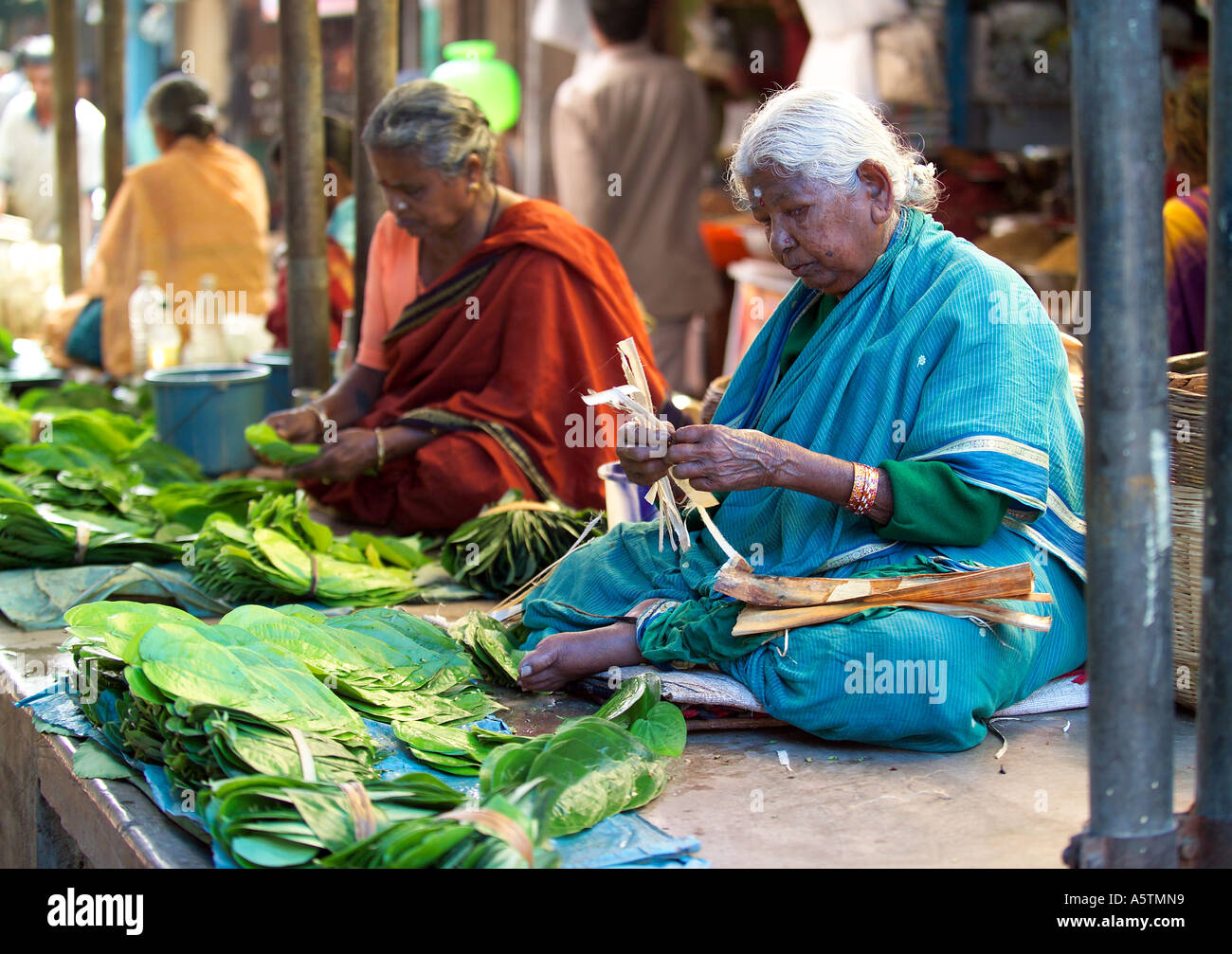 Women preparing leaves, Devaraja Fruit and Vegetable Market ,Mysore ...