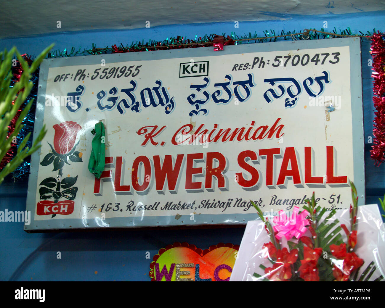 Flower stall sign, in English and Tamil, Russell Market, Bangalore ...