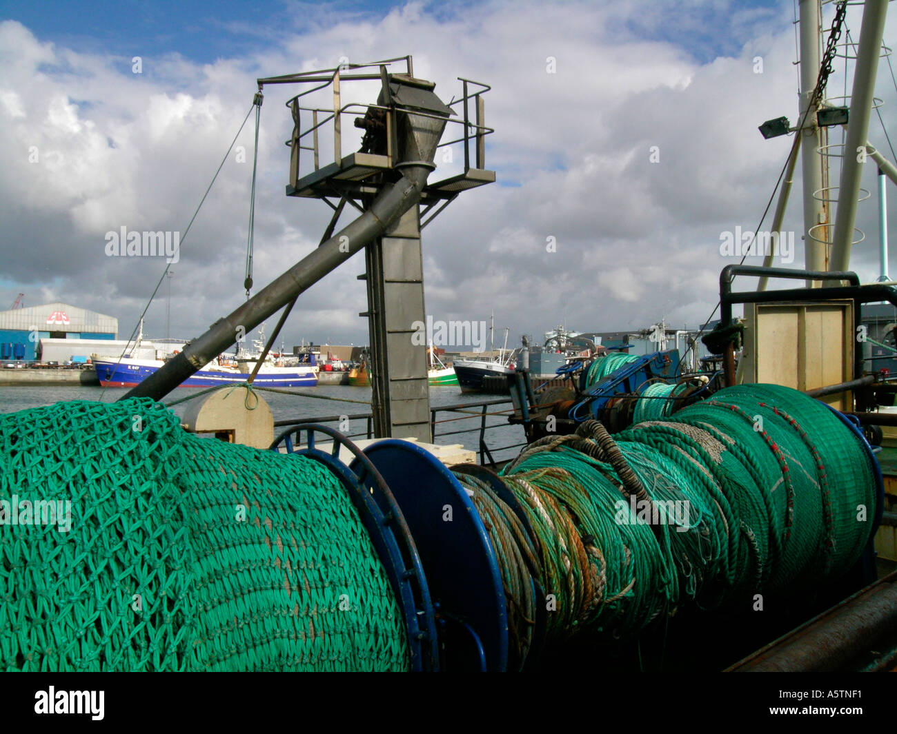 fishing cutter with trawl nets at the fisher port of Esbjerg in Denmark ...