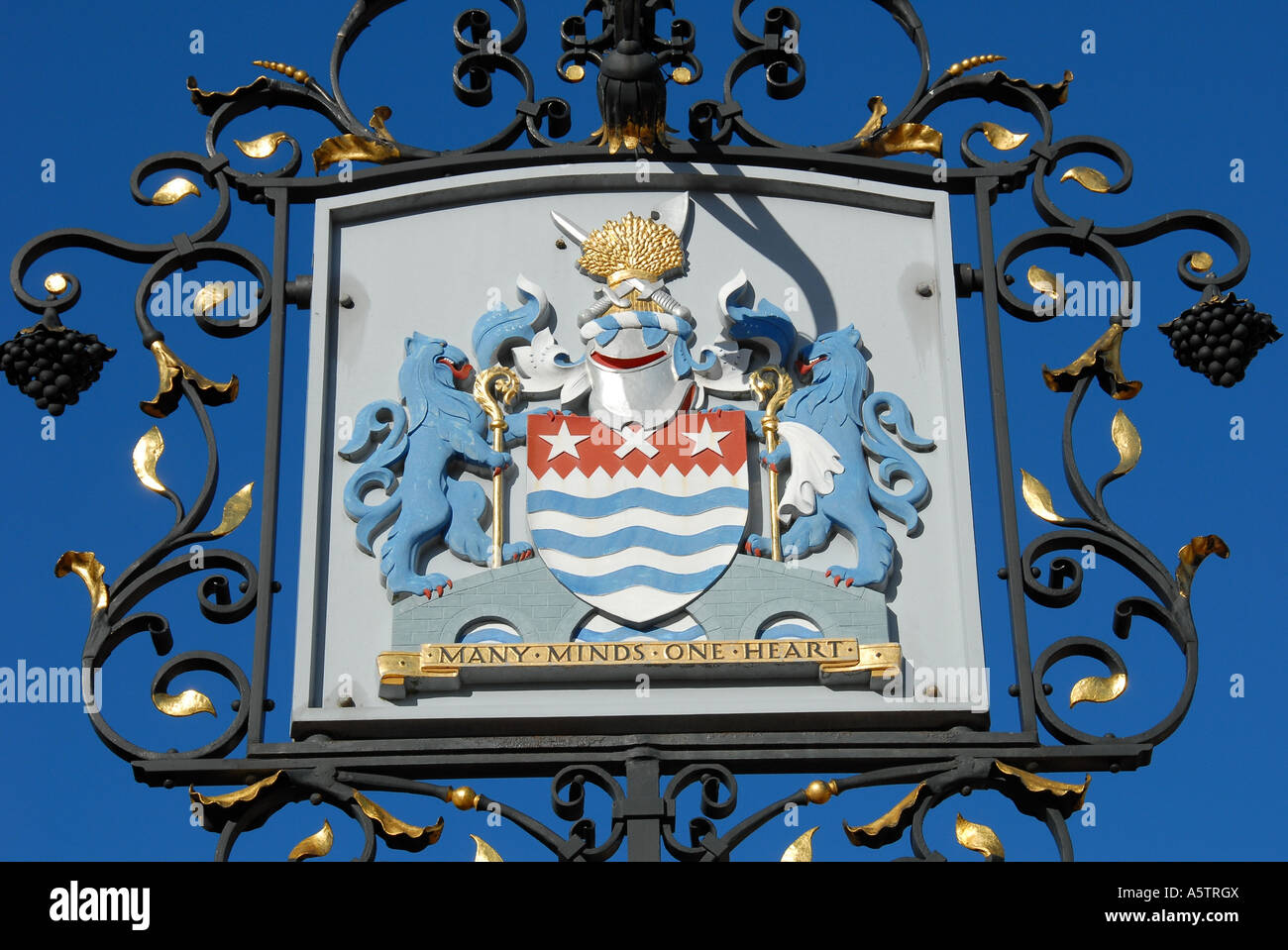 Coat of arms town sign in the centre of Chelmsford High Street in Essex ...