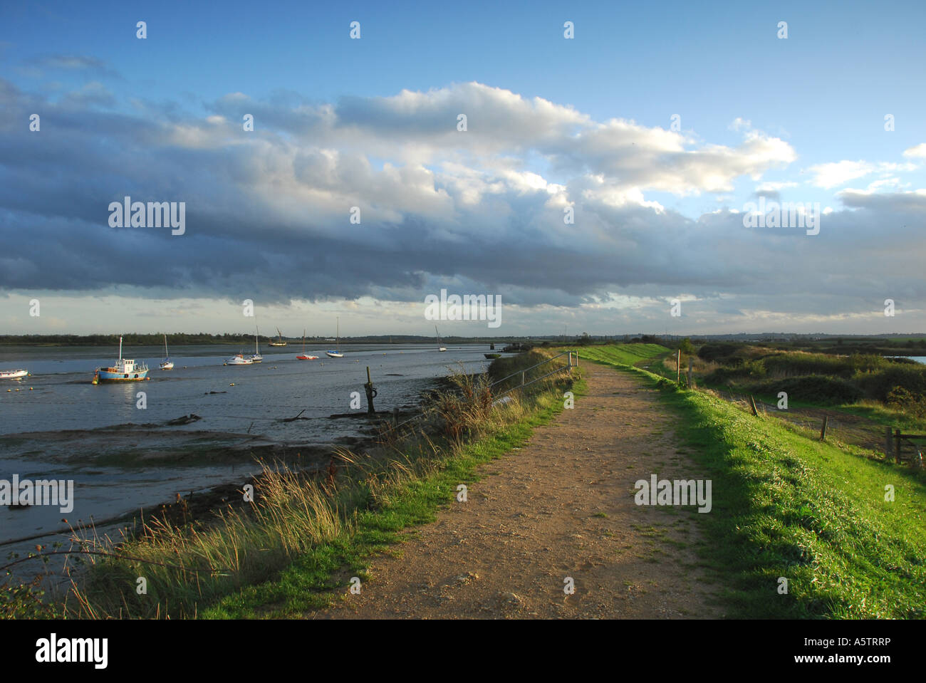 A walking path along the river Blackwater near Heybridge Basin in Essex ...