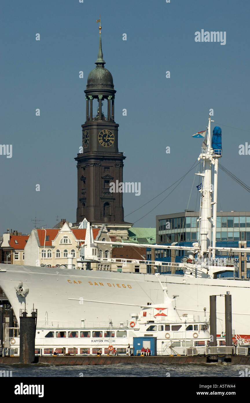 Tower of St Michaelis church and vintage Ship Cap San Diego at Hamburg ...
