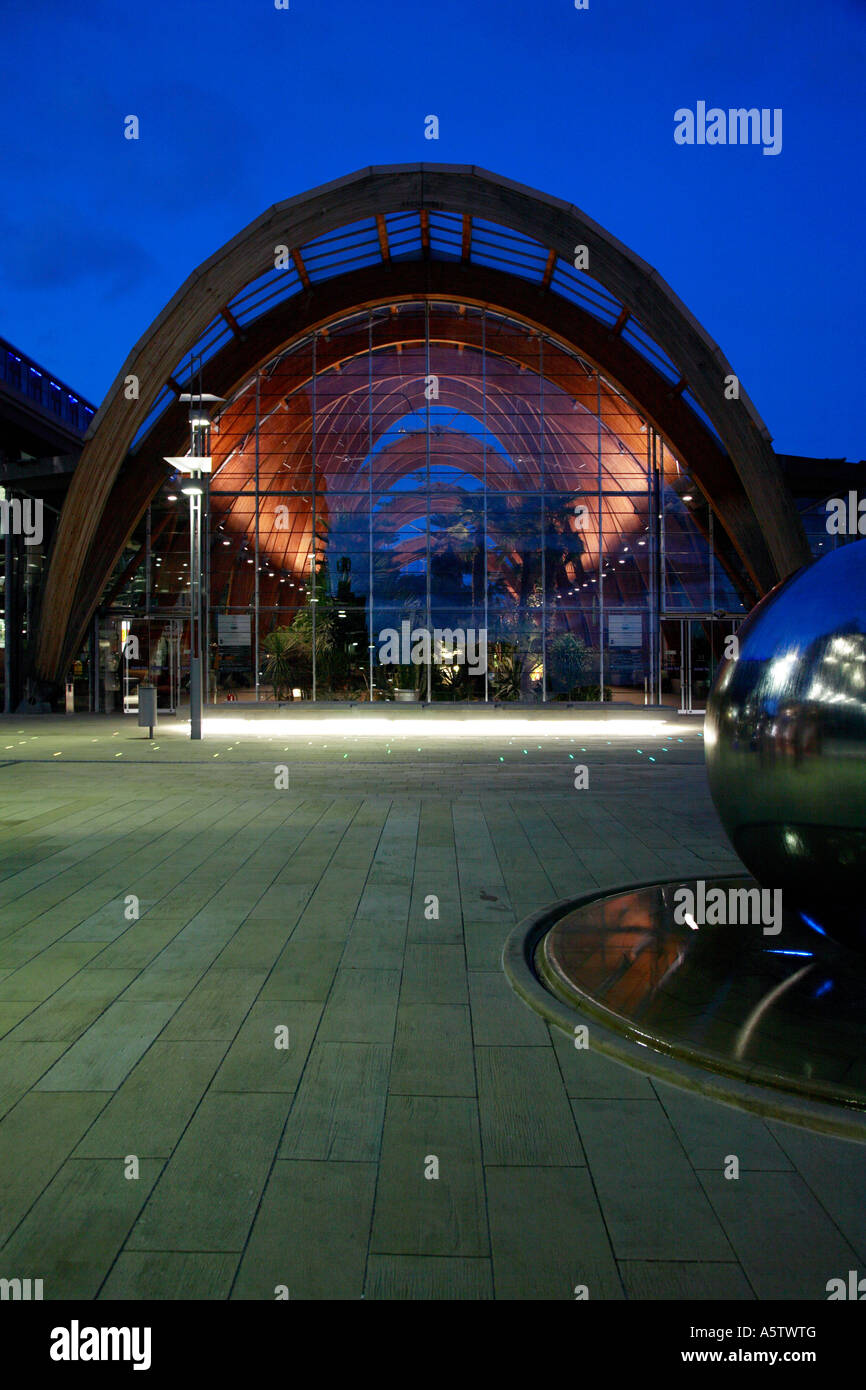 Polished chromed spheres water feature at night outside the Winter ...