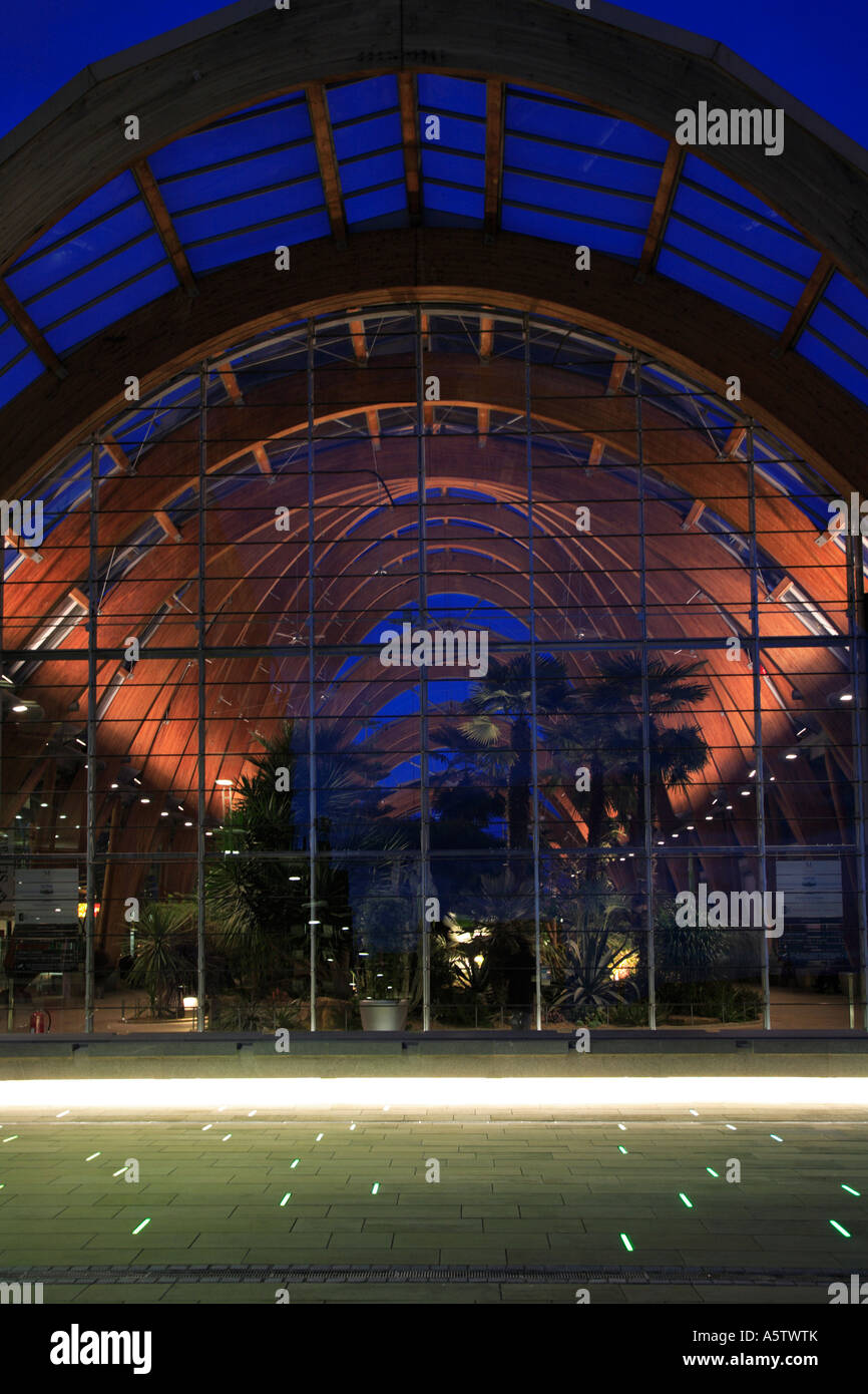Polished chromed spheres water feature at night outside the Winter ...