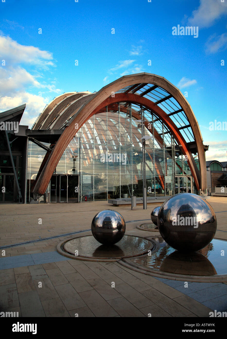 Polished chromed spheres water feature, outside the Winter Garden ...