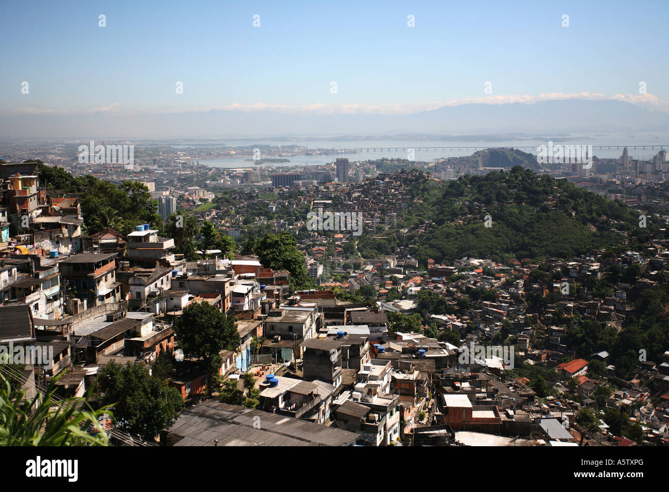 Horizontal distant scenic landscape of Rio de Janeiro, with favela ...