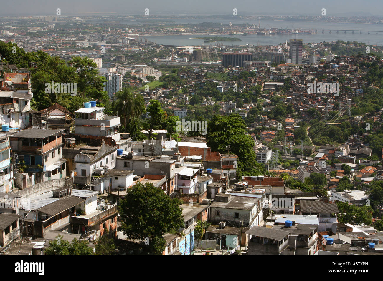 Horizontal distant scenic landscape of Rio de Janeiro, with favela ...