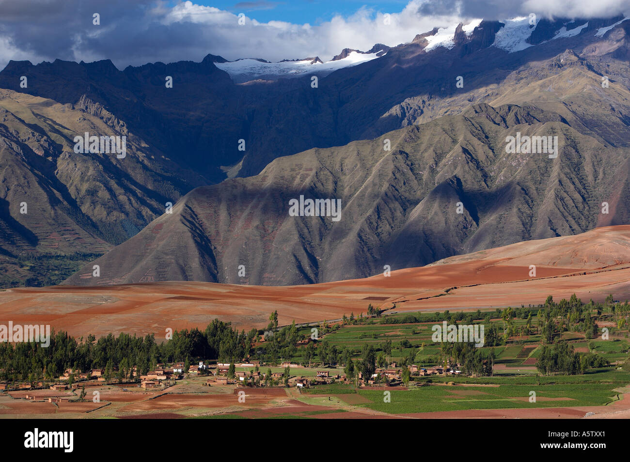 farmland above the Sacred Valley with the Urubamba Cordillera of the ...
