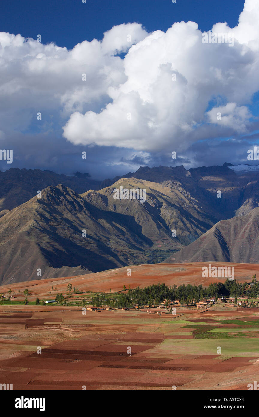 farmland above the Sacred Valley with the Urubamba Cordillera of the ...