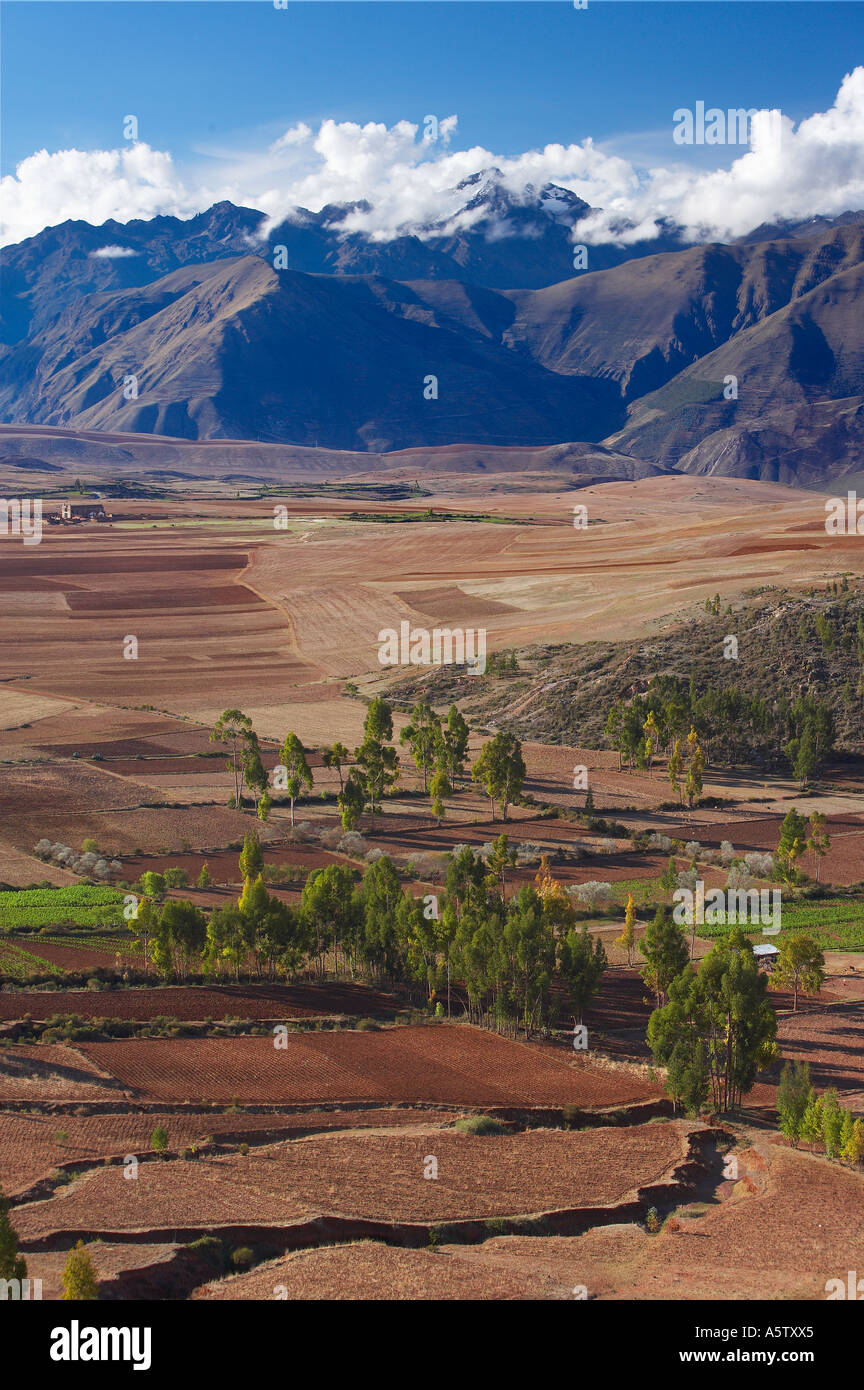 farmland above the Sacred Valley with the Urubamba Cordillera of the ...