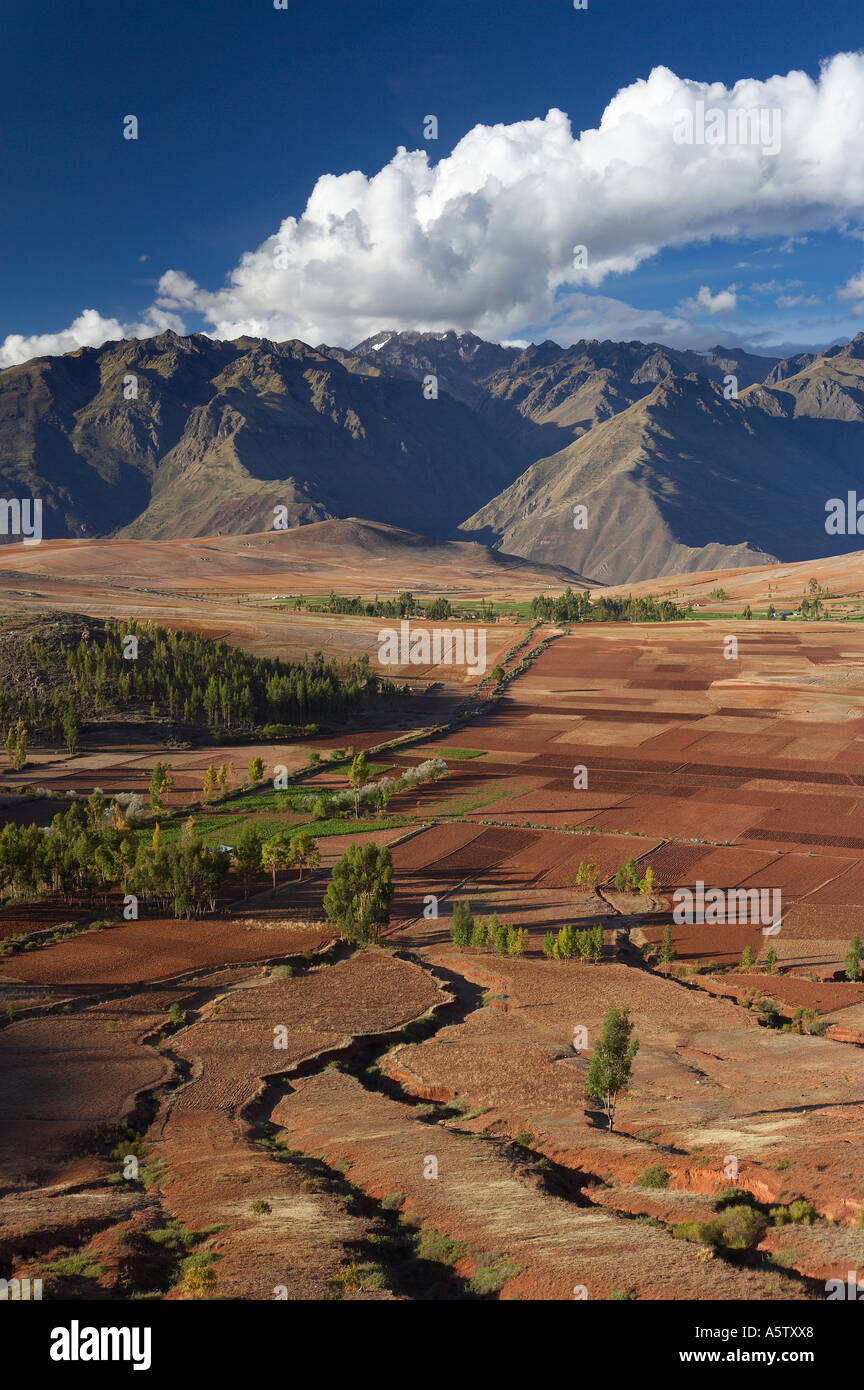 farmland above the Sacred Valley with the Urubamba Cordillera of the ...